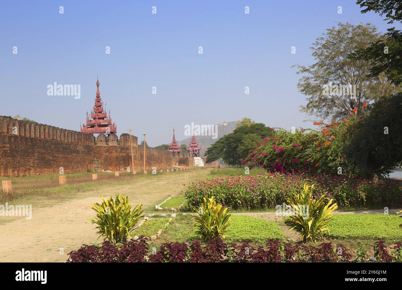 Wall of the Royal Palace and Mandalay Hill in Myanmar (Burma Stock ...