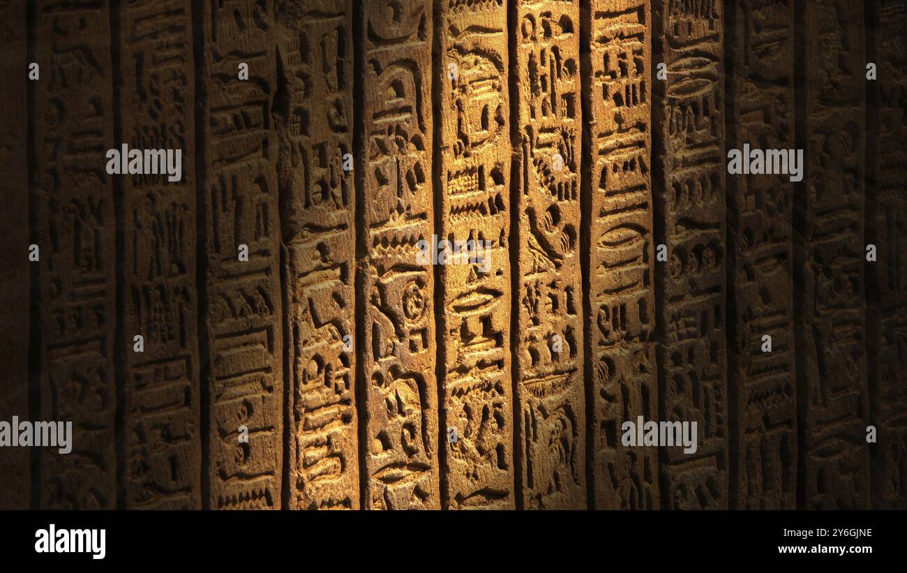Light spot moving on ancient egypt hieroglyphics carving on wall of ...