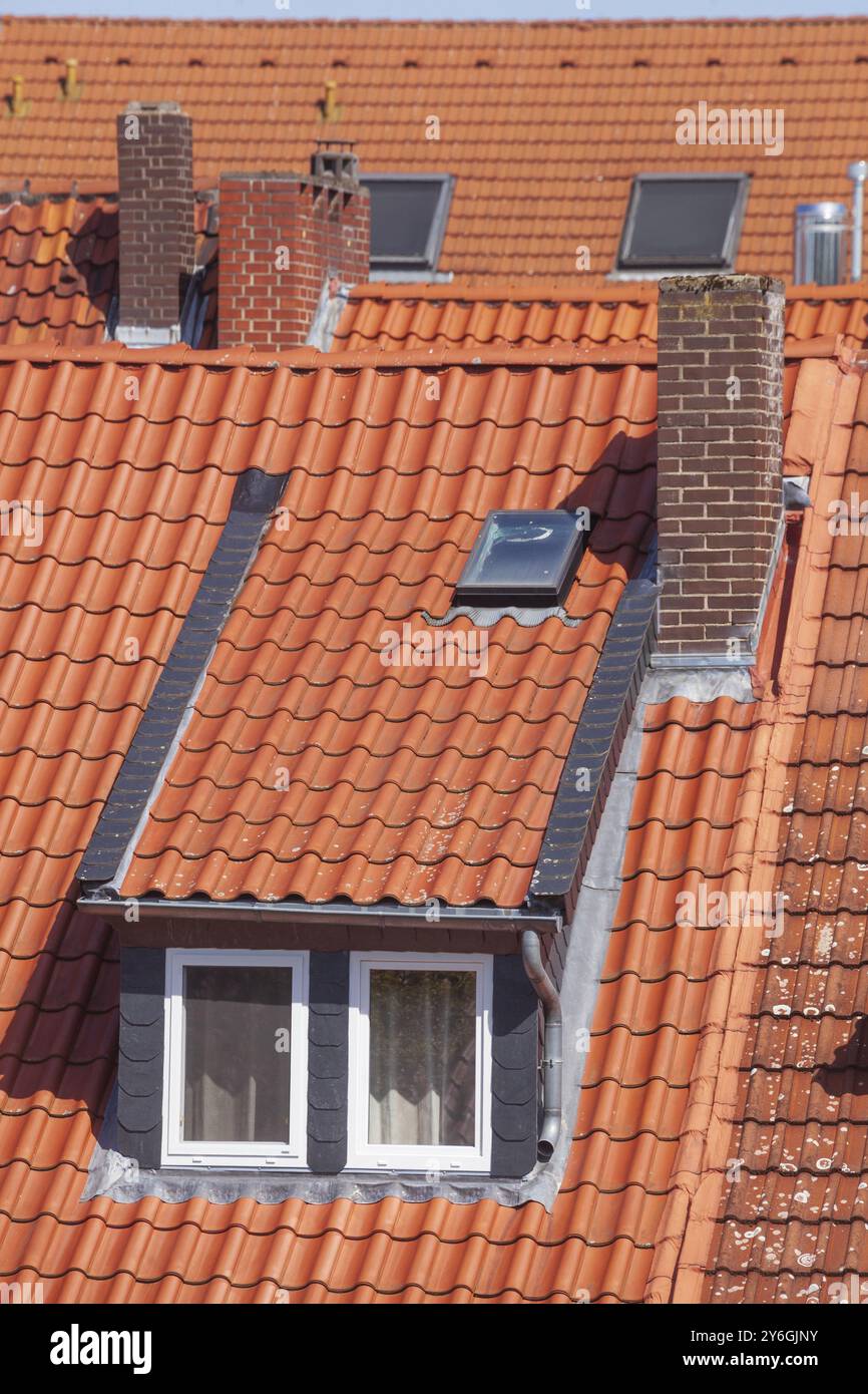 Reddish roof with roof tiles and skylights in the historic city centre ...