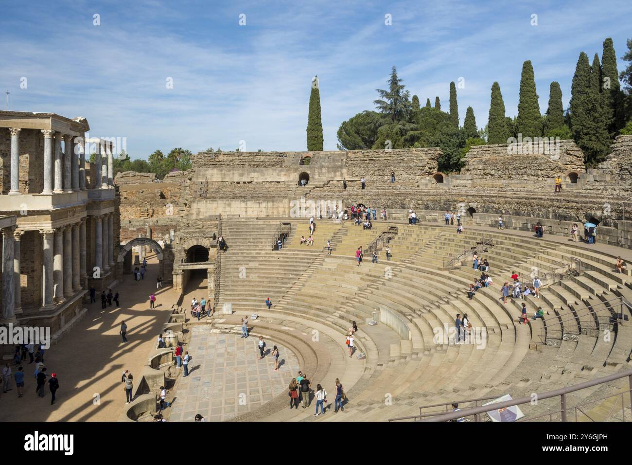 Merida, Spain, April 2017, tourists visiting the Roman ruins theatre ...