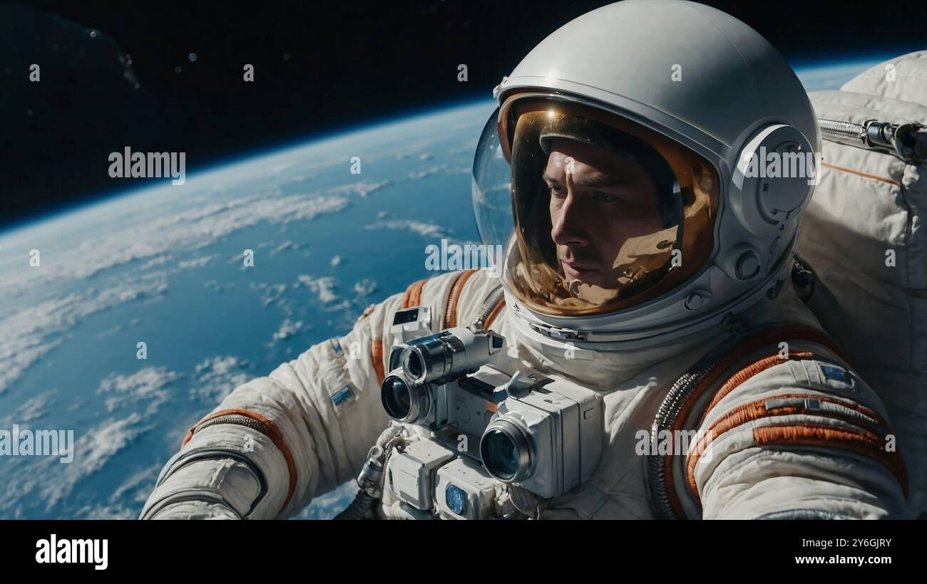 Astronaut in spacesuit and helmet with camera in outer space, with ...