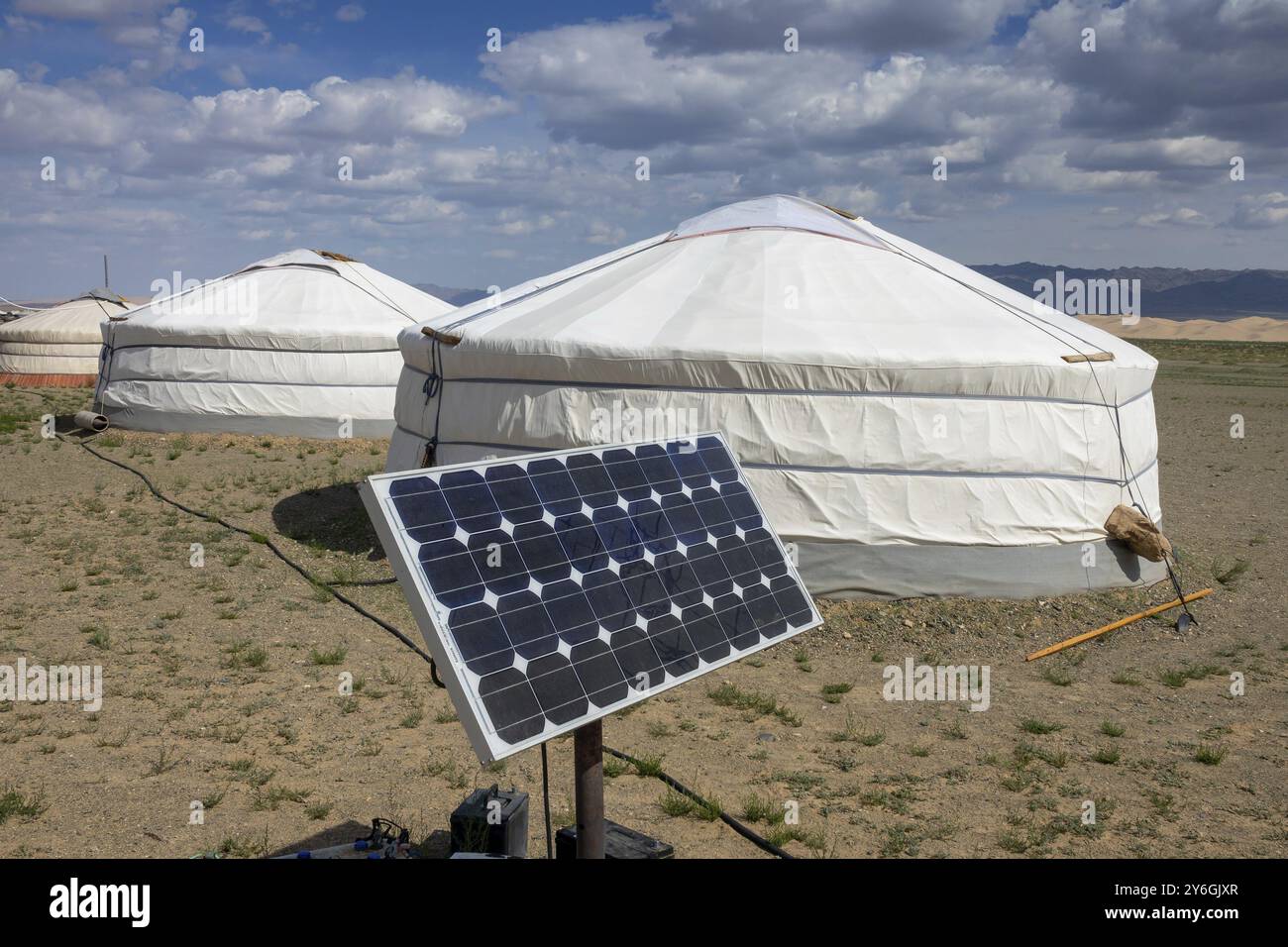Traditional Mongolian portable round tent ger and solar panel in Gobi ...
