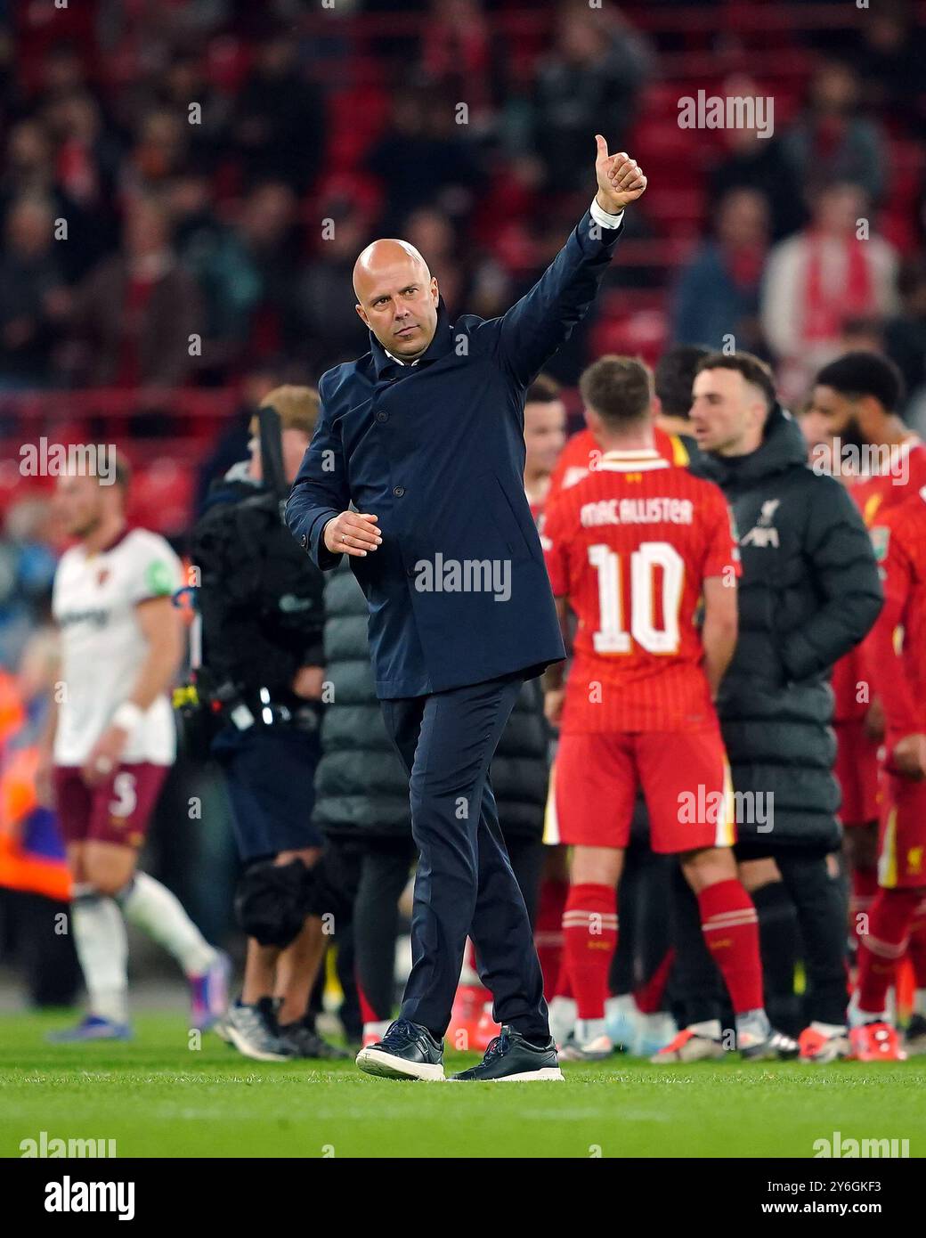 Liverpool manager Arne Slot gives a thumbs up after the final whistle ...
