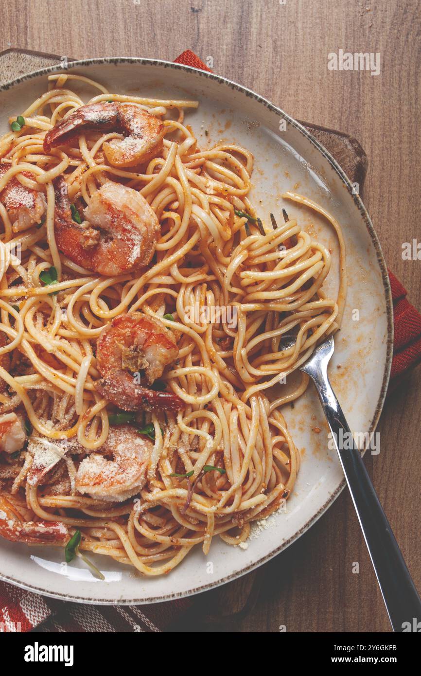 Food, Spaghetti with tiger prawns, in tomato sauce, homemade, top view ...