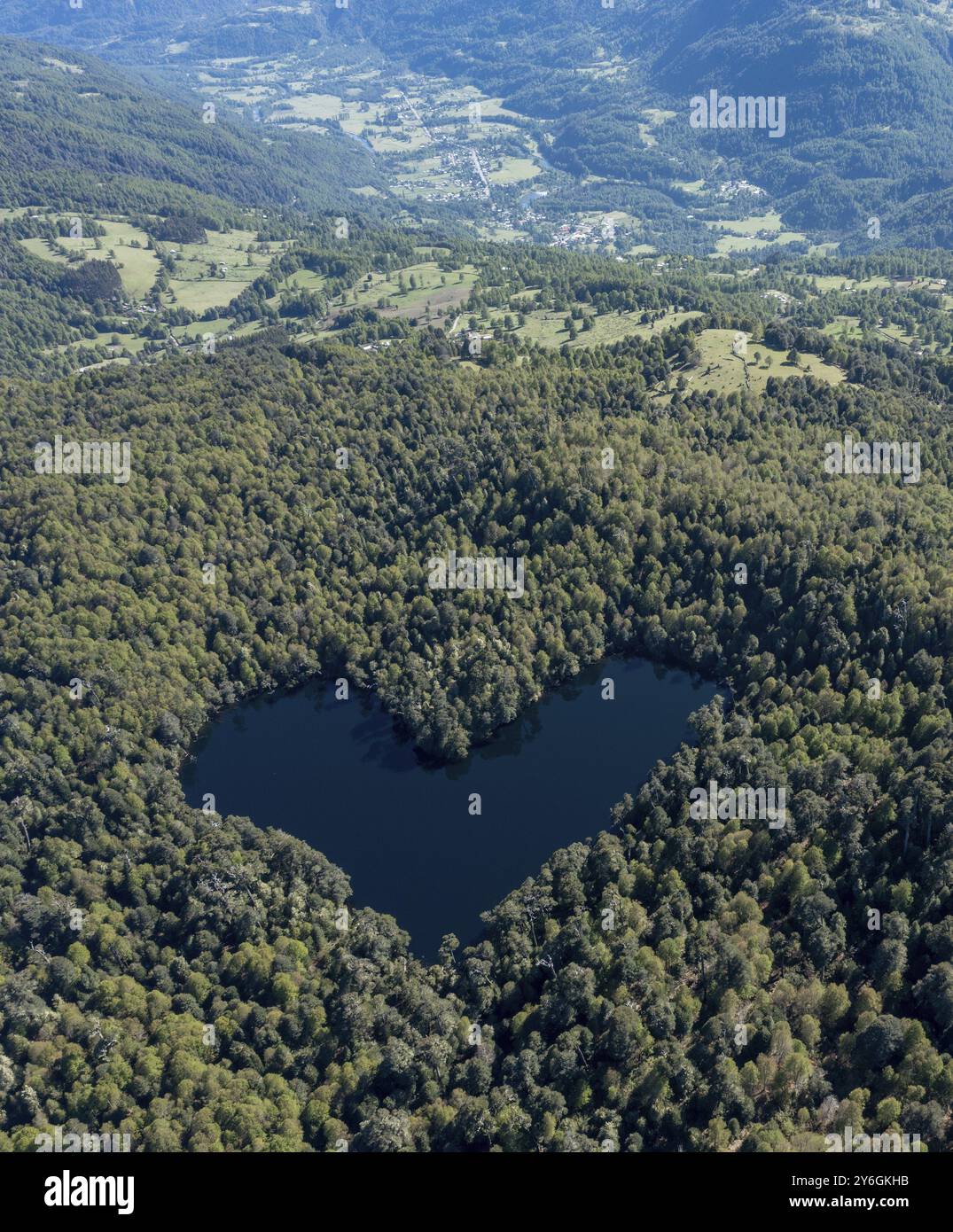 Heart lagoon, Laguna Corazon, Chile. Drone top down view go lagoon with ...