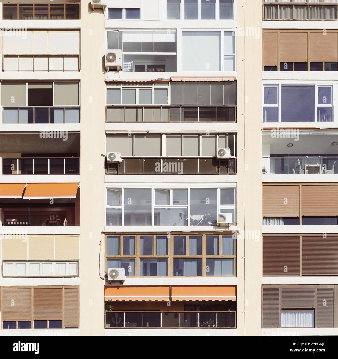 Malaga, Spain, April 2023: Front view of generic high-rise apartment ...