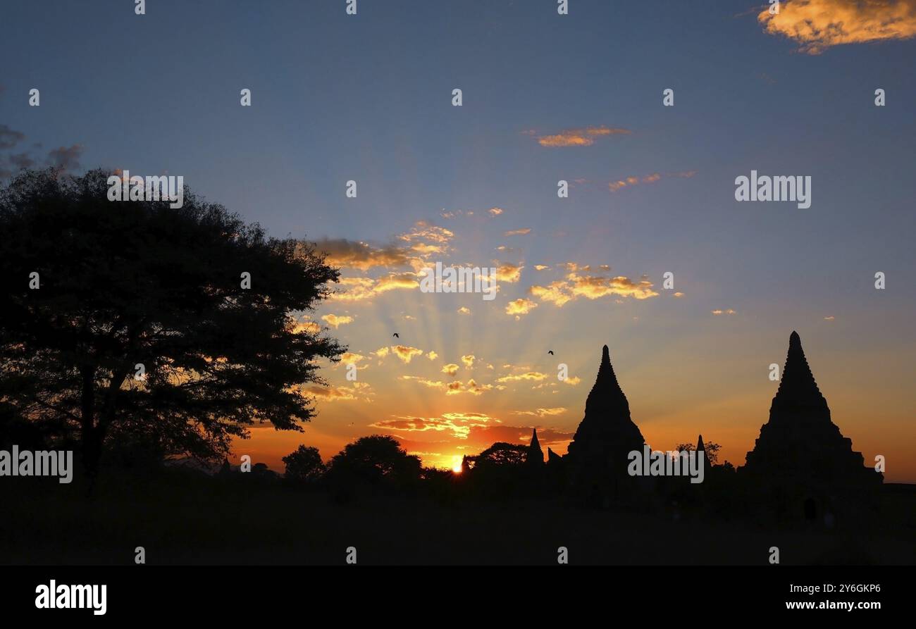 Silhouette of Temples and tree in Bagan at sunset, Myanmar (Burma Stock ...