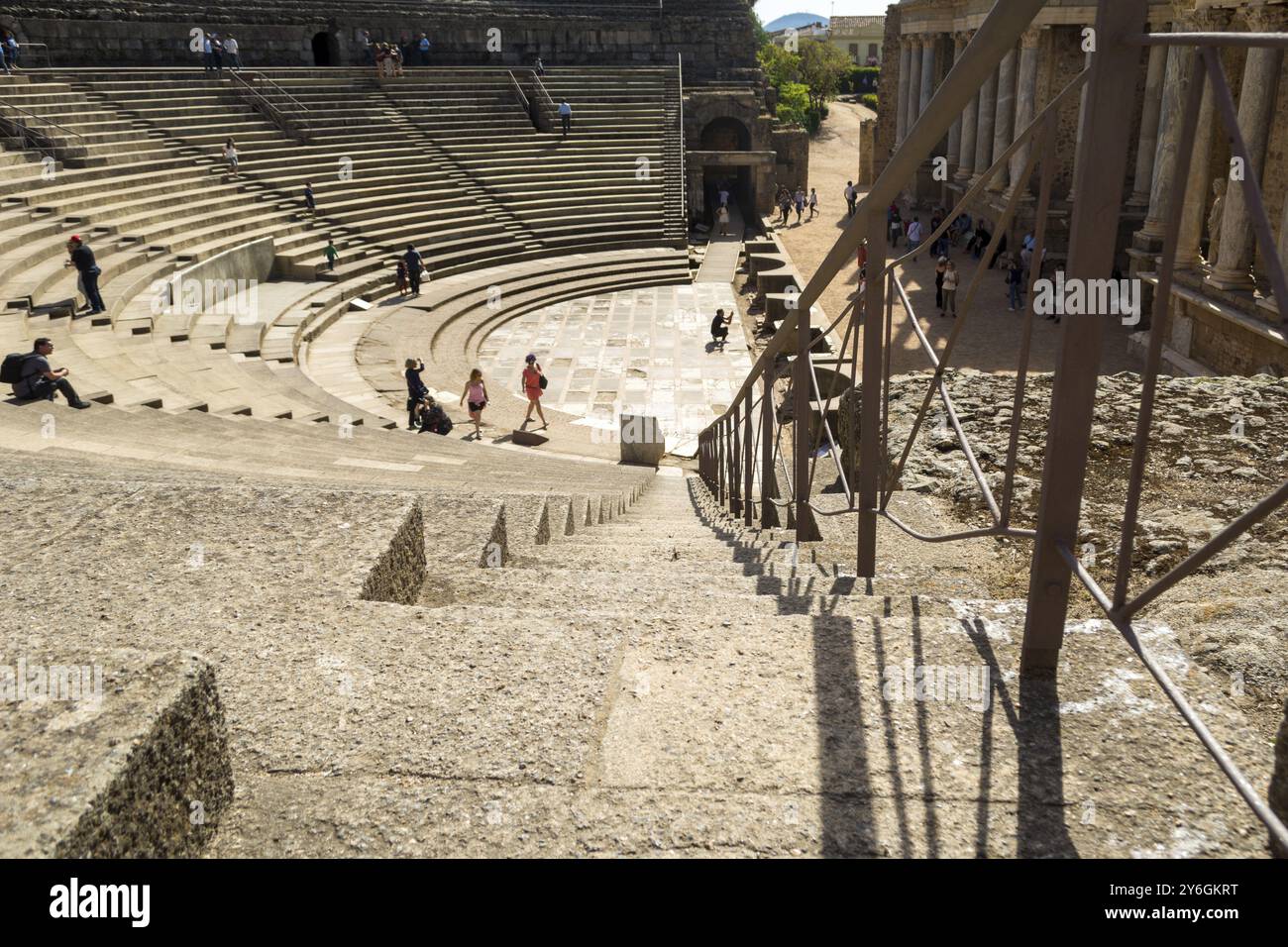 Merida, Spain, April 2017, tourists visiting the Roman ruins theatre ...