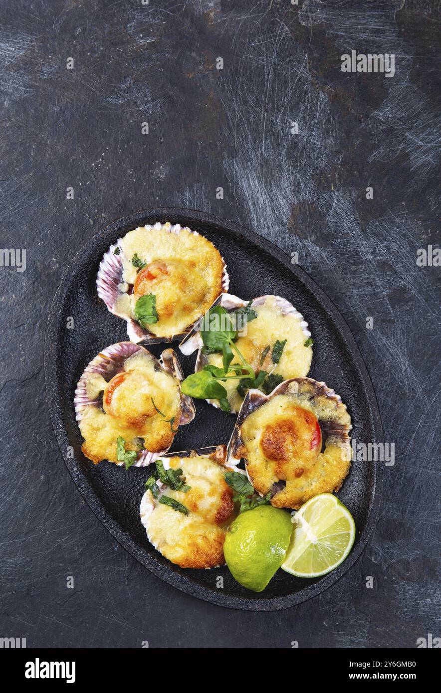 Food, Food, Baked seafood shellfish scallops with cheese and lemon ...