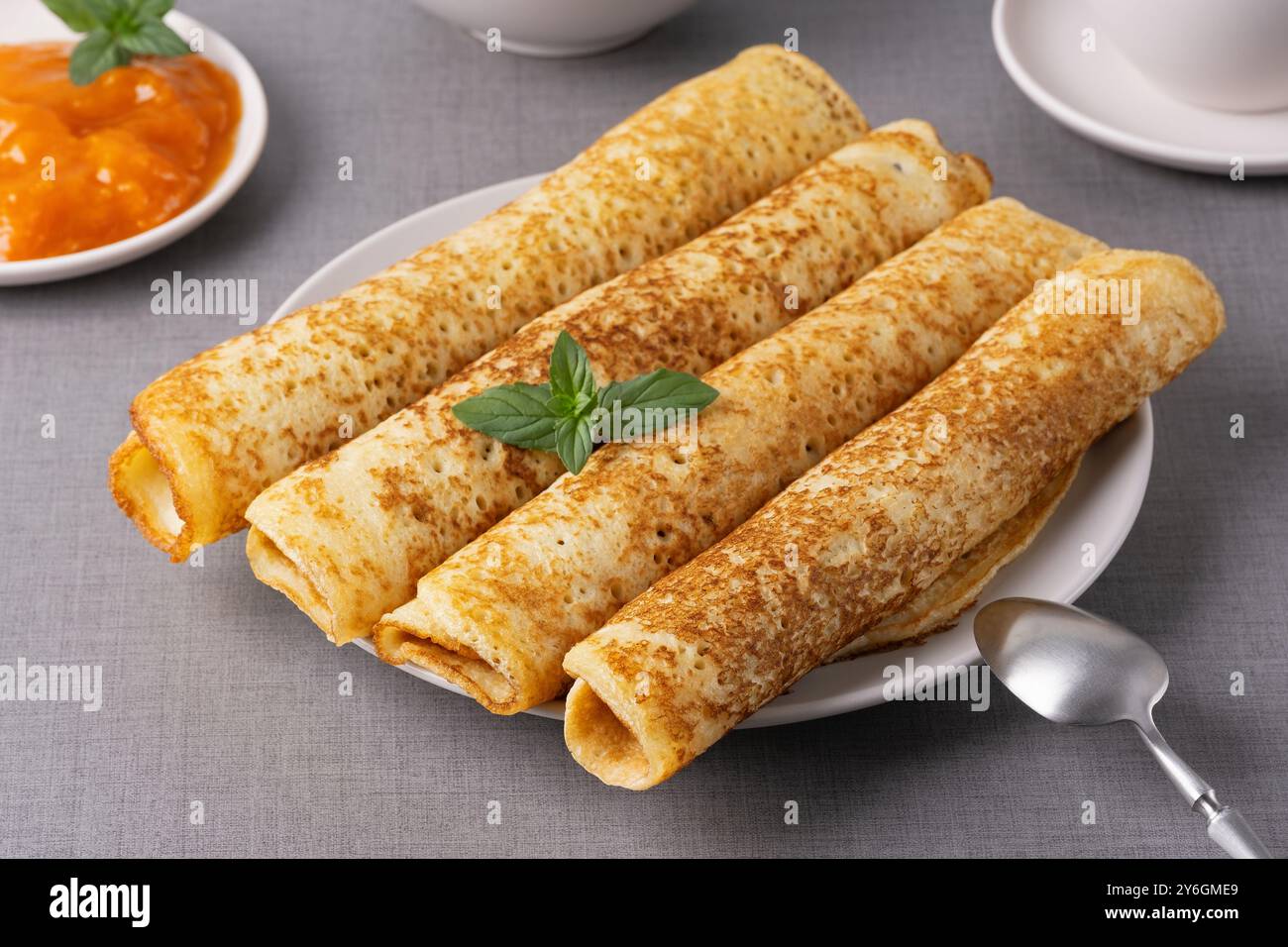 Crepes with homemade apricot jam Stock Photo - Alamy