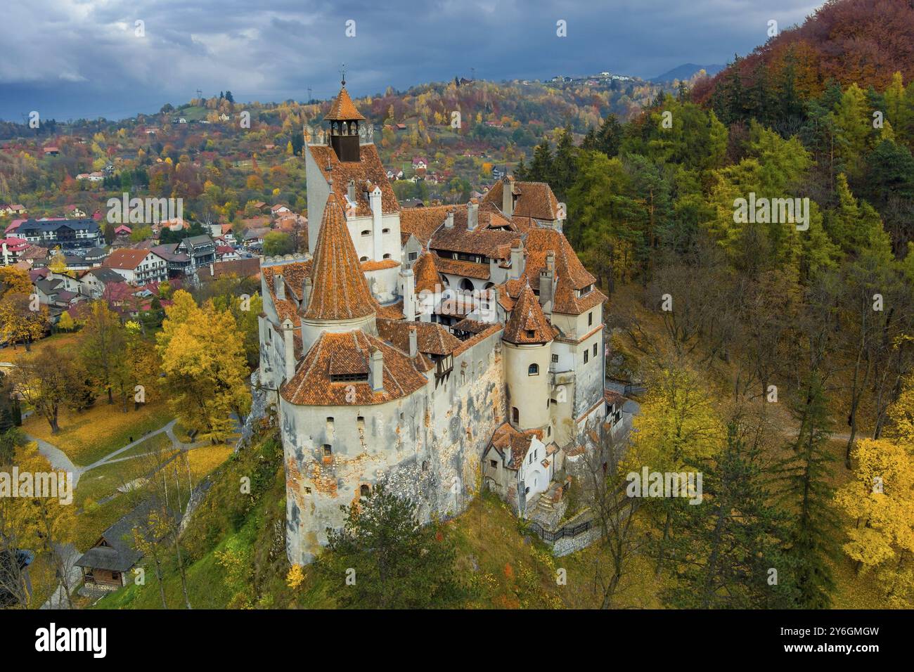 Aerial view of Bran castle in Transylvania region, Romania. Autumn ...
