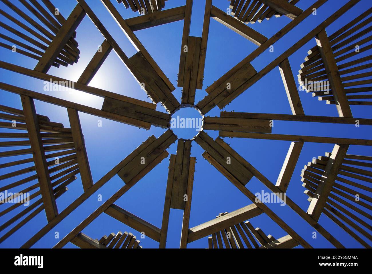 Architectural wooden structure with a complex pattern of intersecting ...