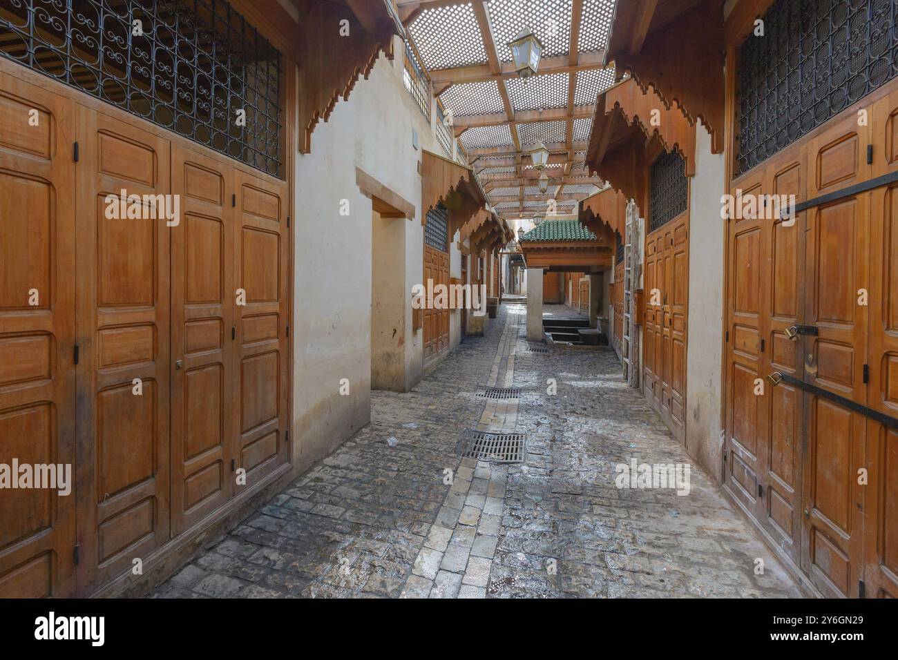 Empty market Bazaar street, souk. Ancient medina of Fez, Morocco ...