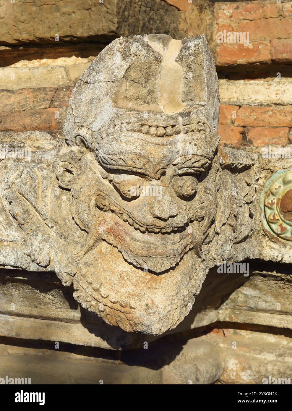 Stone face on wall, traditional sculpture in Bagan, Myanmar (Burma ...