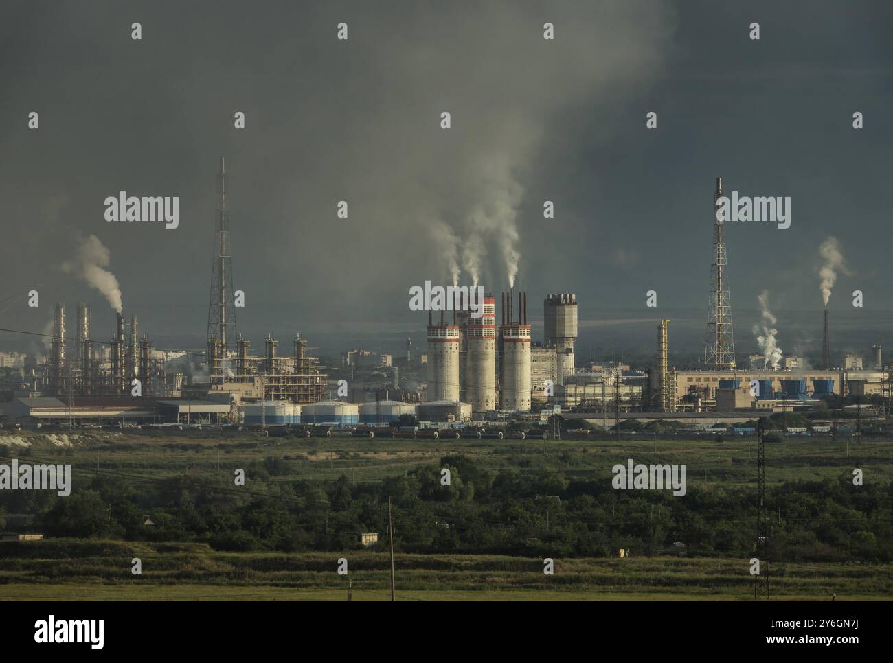 Oil and gas refinery plant with chimney smoke, Business petrochemical ...