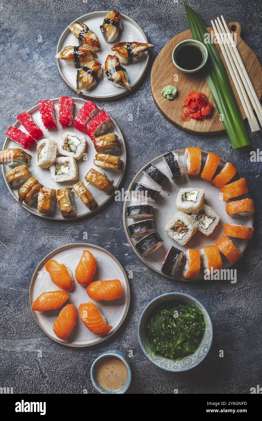 Food, Sushi and rolls sets. Japonese food. top view Stock Photo - Alamy