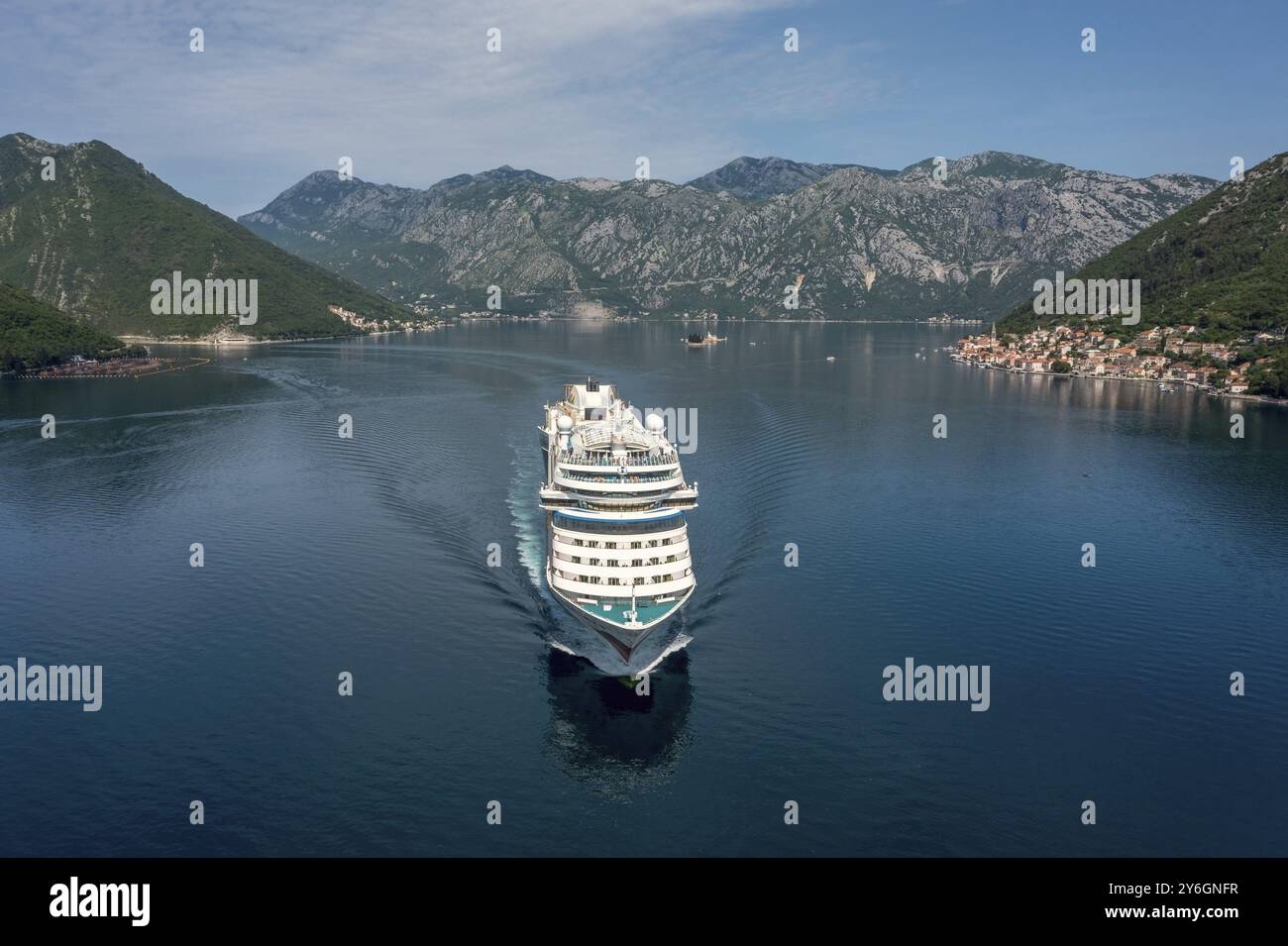 Aerial view of cruise ship in the Bay of Kotor, Montenegro, Europe ...