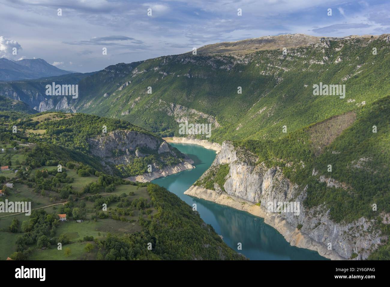 Aerial view of Beautiful Piva river canyon with reservoir Piva Lake ...
