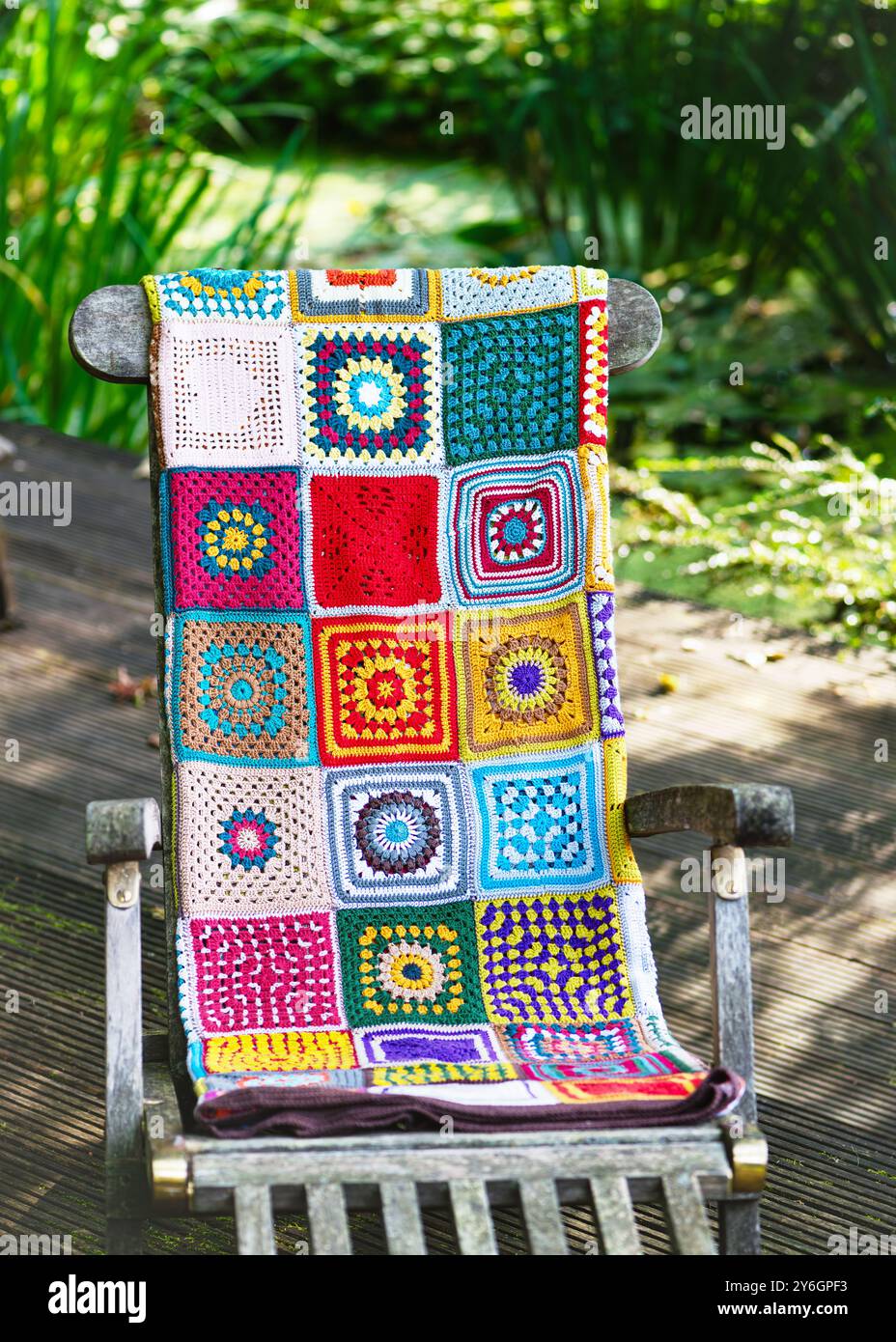 Vintage multi colored blanket, make from crochet granny squares with ...