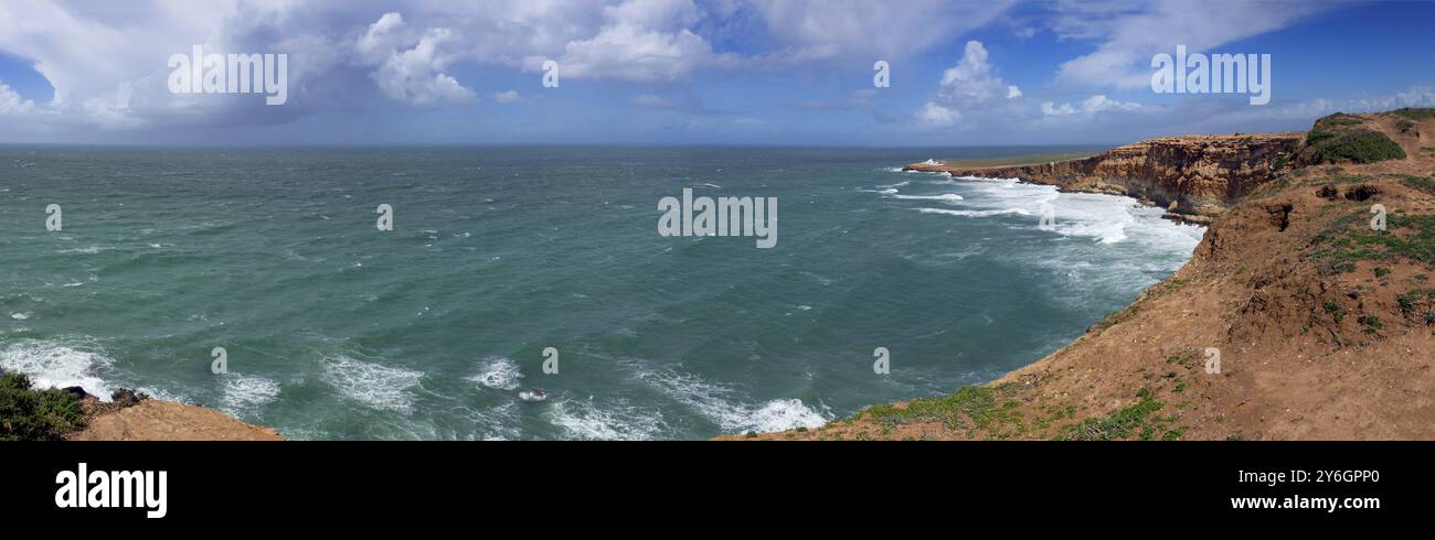 Panorama of ocean waves and rocks on the Atlantic coast in Morocco ...
