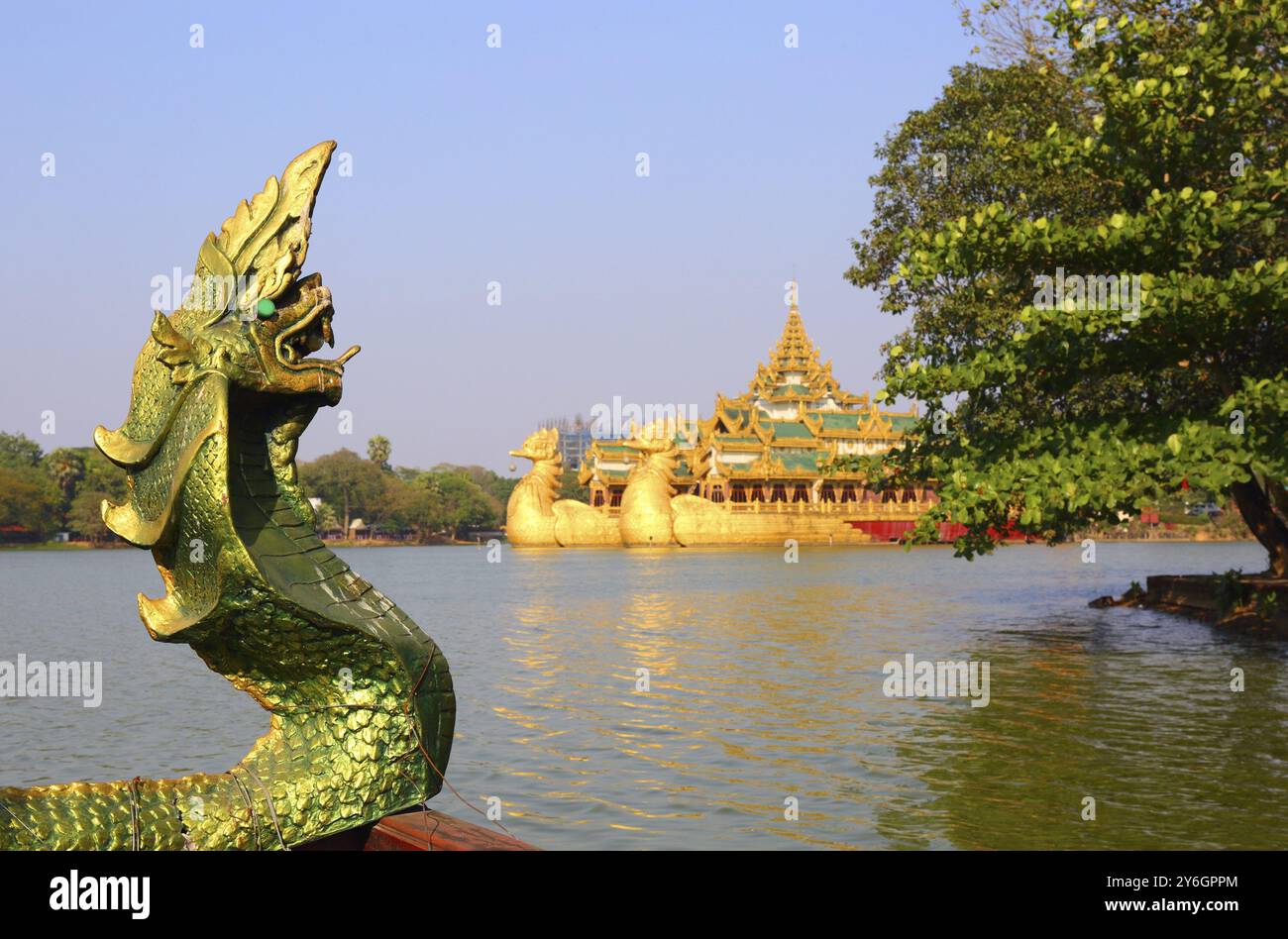 Head of snake and Floating Barge Karaweik in Yangon, Myanmar (Burma ...