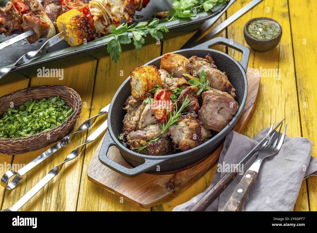 Food, Food, Bbq grilled meat, pork, chicken and vegetable on cast iron ...
