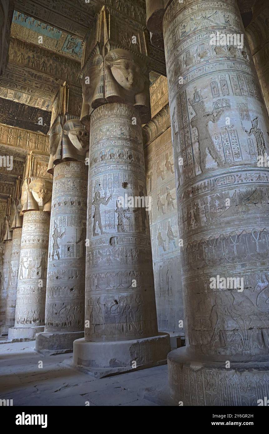 Interior of the painted and carved hypostyle hall at Dendera Temple ...