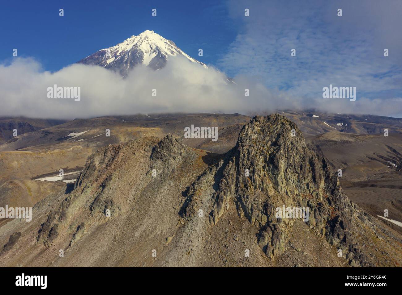 Verblyud (Camel) extrusion rock and the Koryaksky volcano on Kamchatka ...