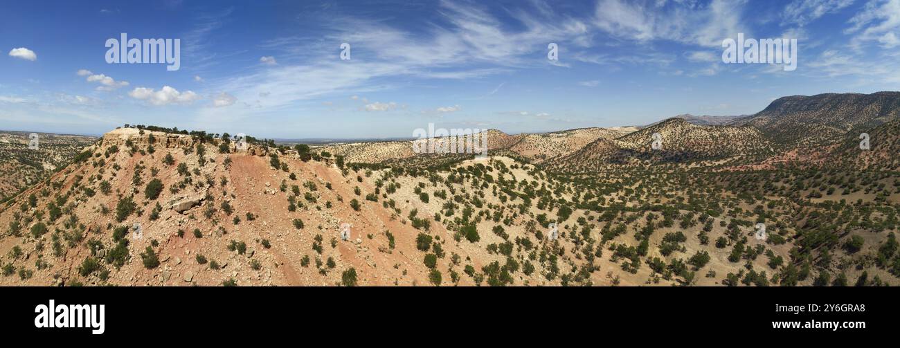 Aerial panorama of mountains with argan trees in their natural habitat ...