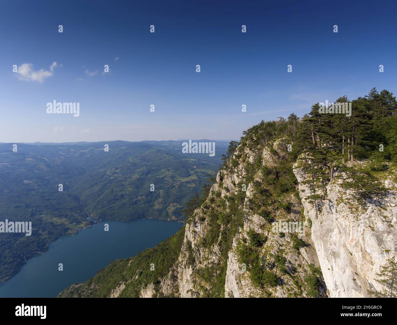 Aerial view on famous Banjska stena on Drina river in Tara National ...