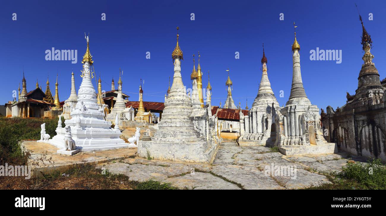 Panorama of Shwe Inn Thein Paya temple complex near Inle Lake in ...