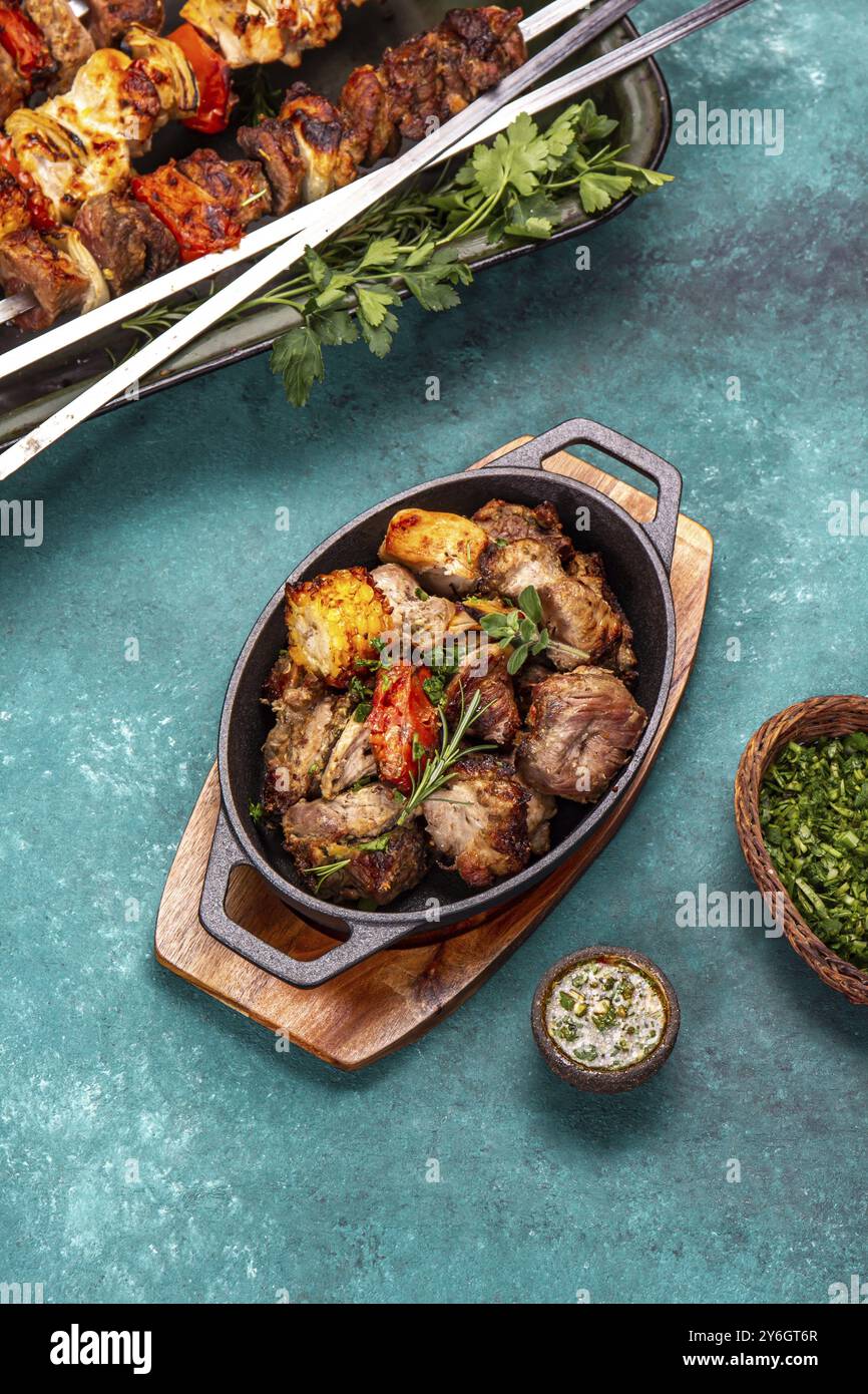 Food, Food, Bbq grilled meat, pork, chicken and vegetable on cast iron ...
