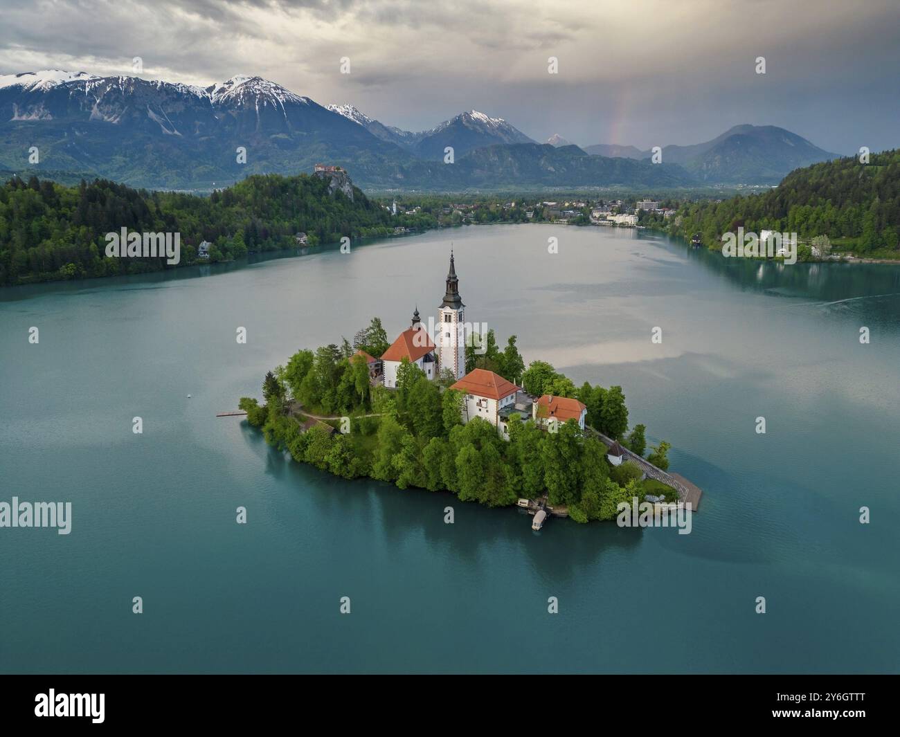 Aerial view of Bled lake landscape with the Pilgrimage Church of the ...