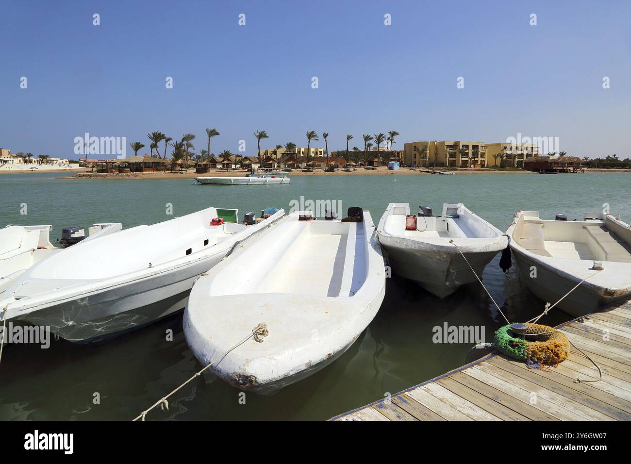 Boats standing at the pier channel of El Gouna, Egypt, Africa Stock ...