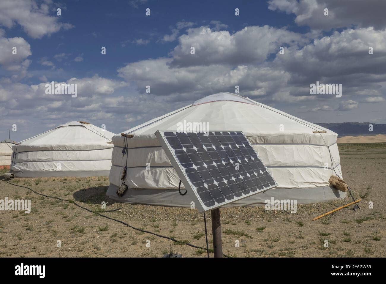 Traditional Mongolian portable round tent yurt and solar panel in Gobi ...