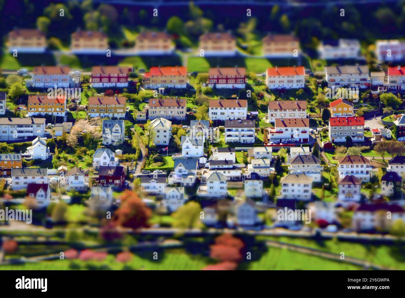 Tilt-shift creative image of an upper-class residential city suburb ...