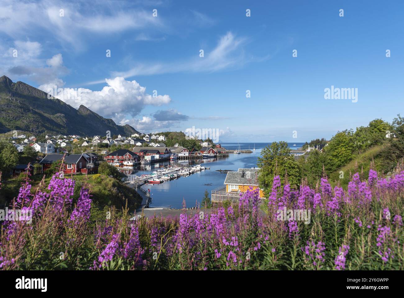 Panoramic view with fishing harbour and surrounding mountain landscape ...