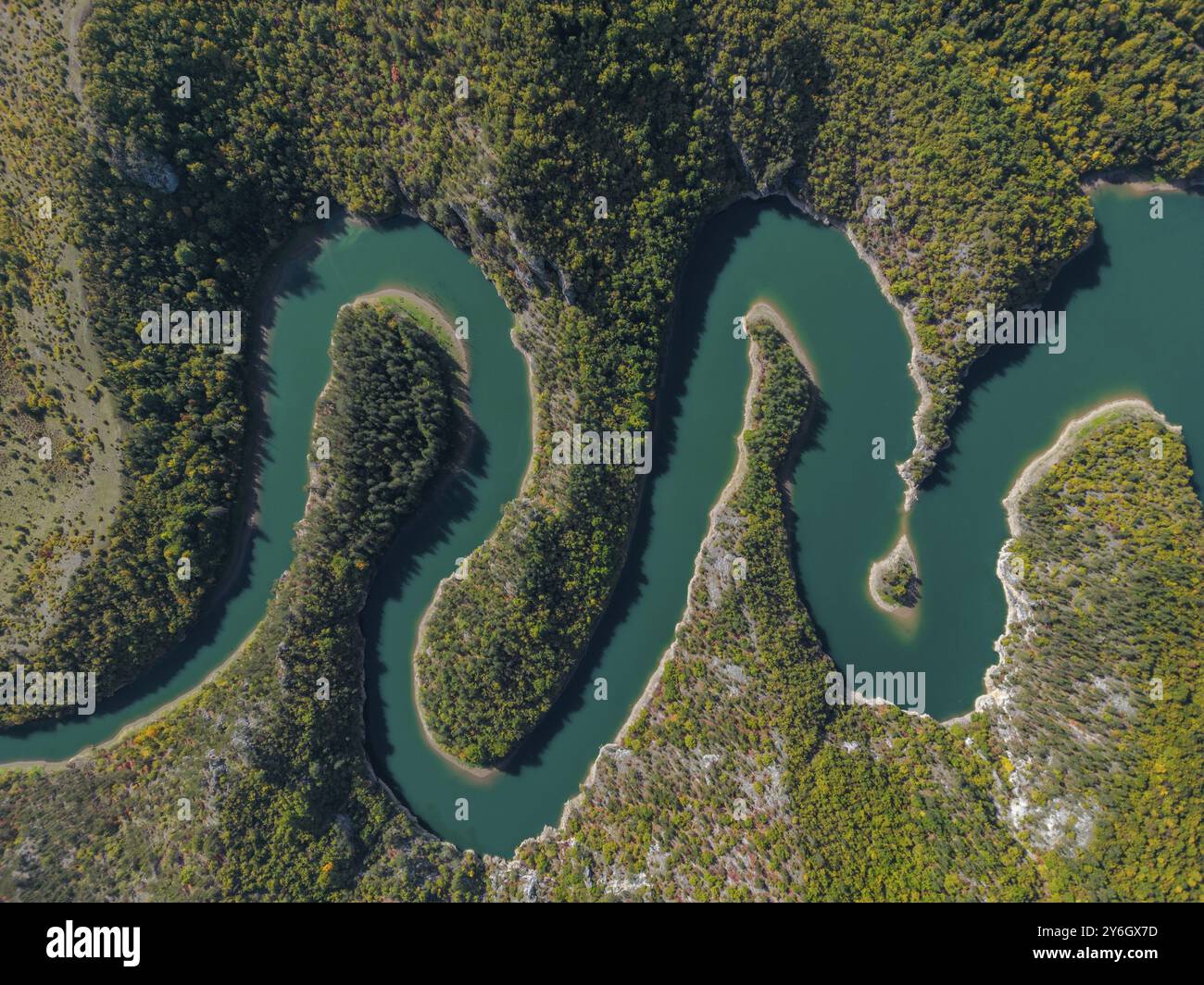 Aerial top view on meanders at rocky river, Serbia and Montenegro Stock ...