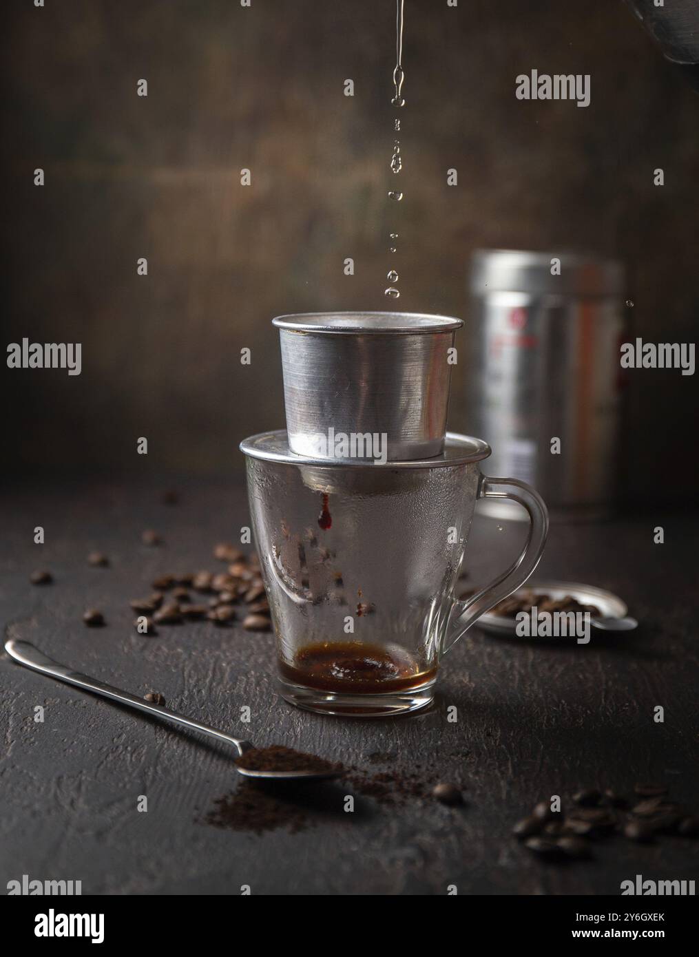 Food, Food, Preparation of Vietnamese coffe with aluminum cofe filer on ...