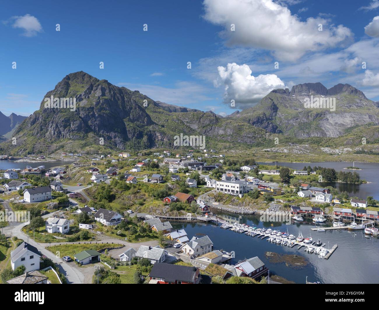 Aerial view, village scene in rugged landscape, Sorvagen, Lofoten ...