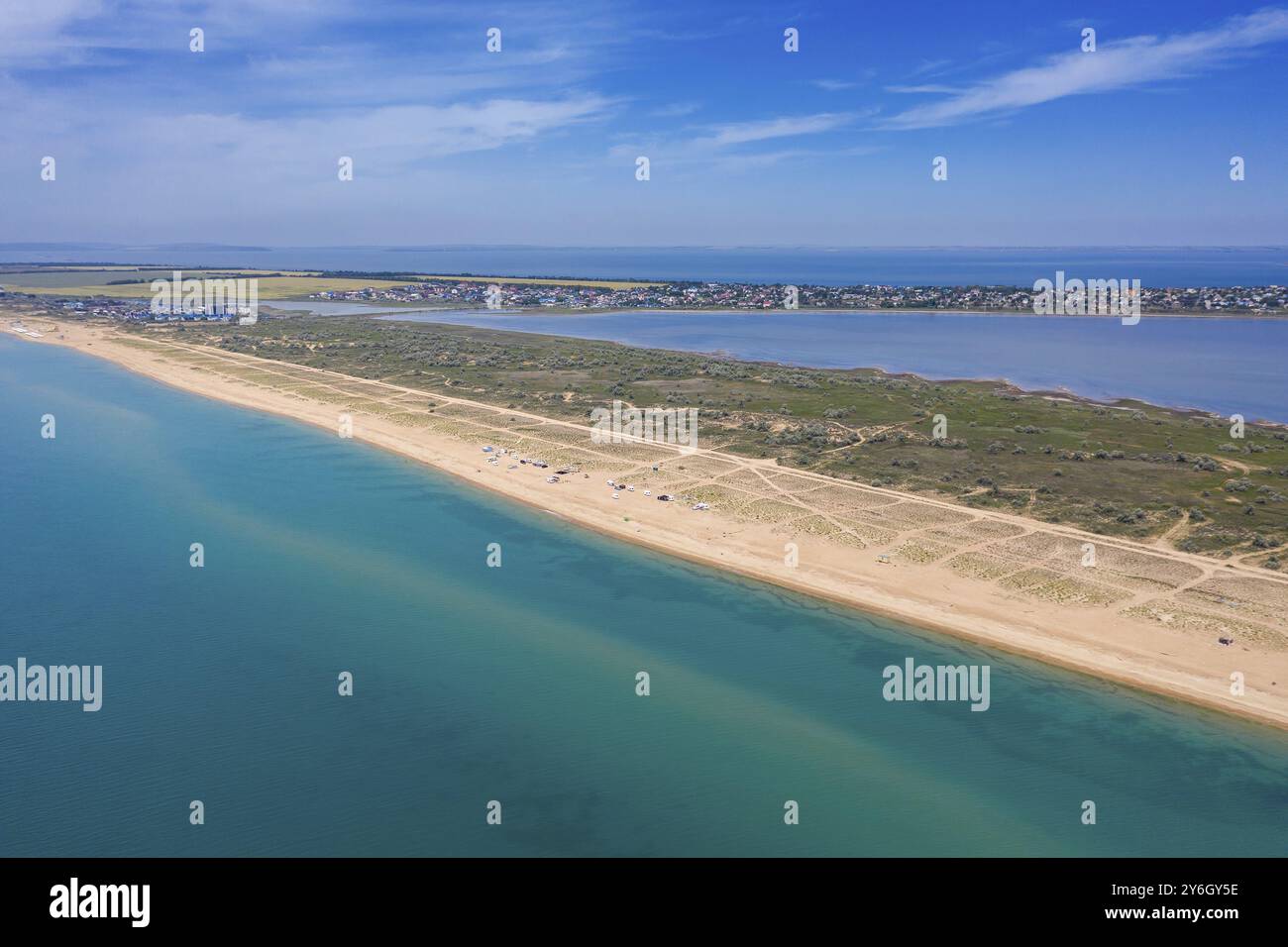 Aerial top view on sand beach, estuaries and Black sea, Anapa resort ...