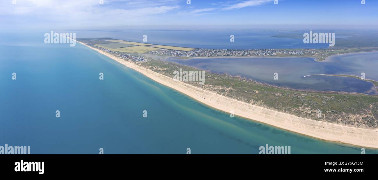 Aerial top view panorama on sand beach, estuaries and Black sea, Anapa ...
