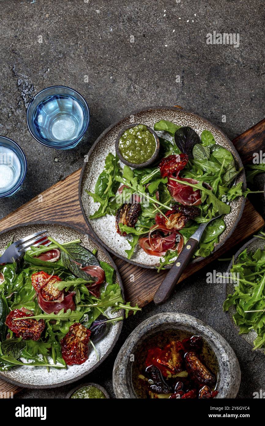 Food, Salad with arugula, spinach, dried tomato and ham serrano paleta ...
