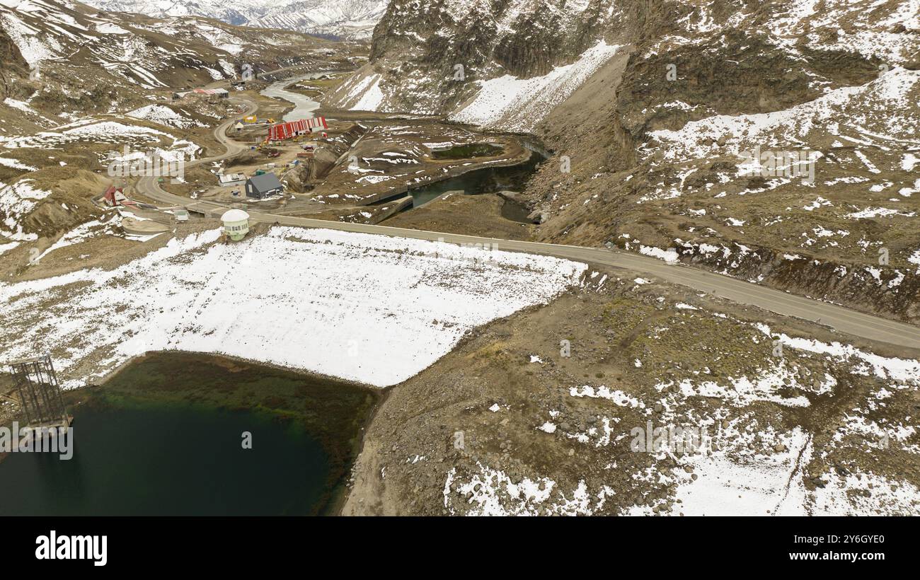 Aerial view of the Snowy Andes and Maule Lagoon at the Pehuenche border ...