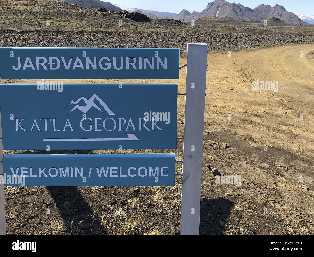 Katla, Iceland, July 2019: welcome sign board to Icelandic Katla ...