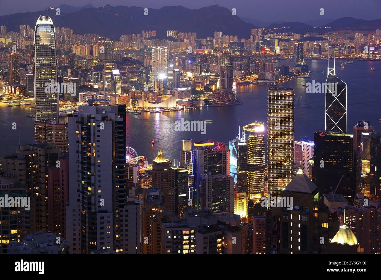 Hong Kong at night. View of Victoria Harbour and Hong Kong Central ...