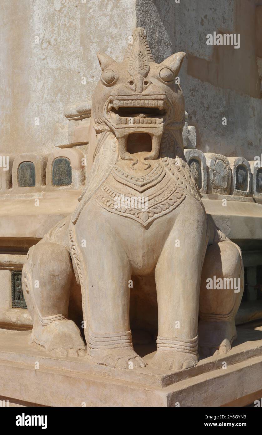 Statue of mystery lion on territory of temple in Bagan, Myanmar (Burma ...