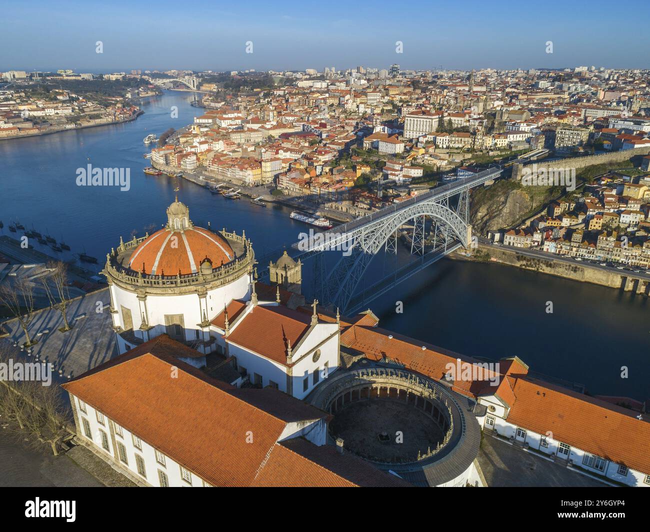 Aerial view of Serra do Pilar Monastery and Dom Luis Bridge in Porto at morning, Portugal ...