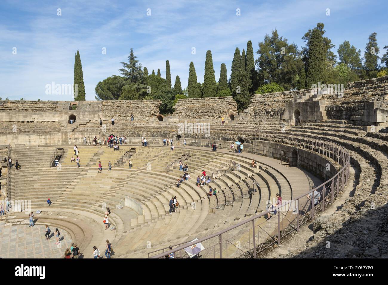 Merida, Spain, April 2017, tourists visiting the Roman ruins theatre ...