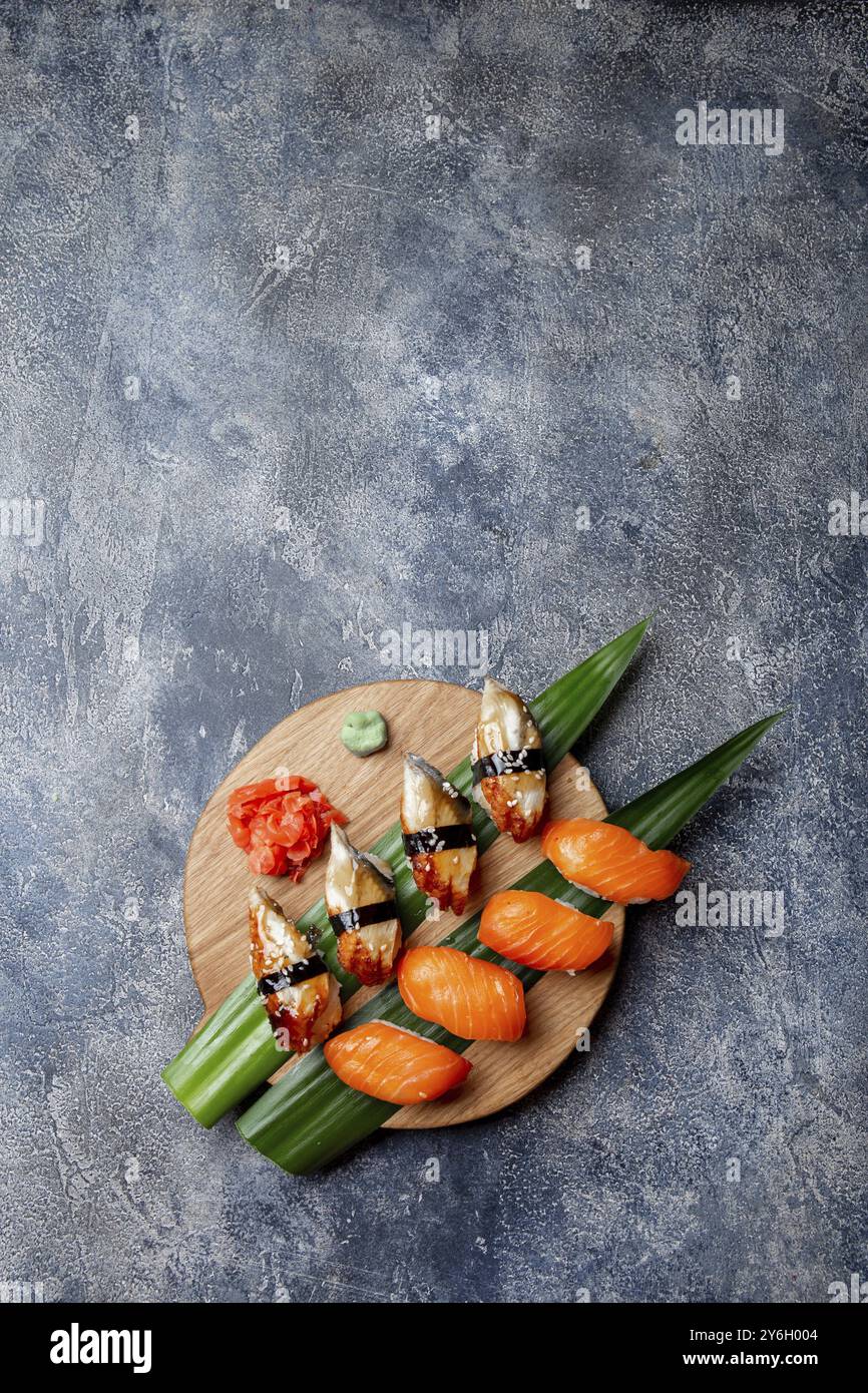 Food, Food, Sashimi sushi set on wooden board. Stone background. Top ...